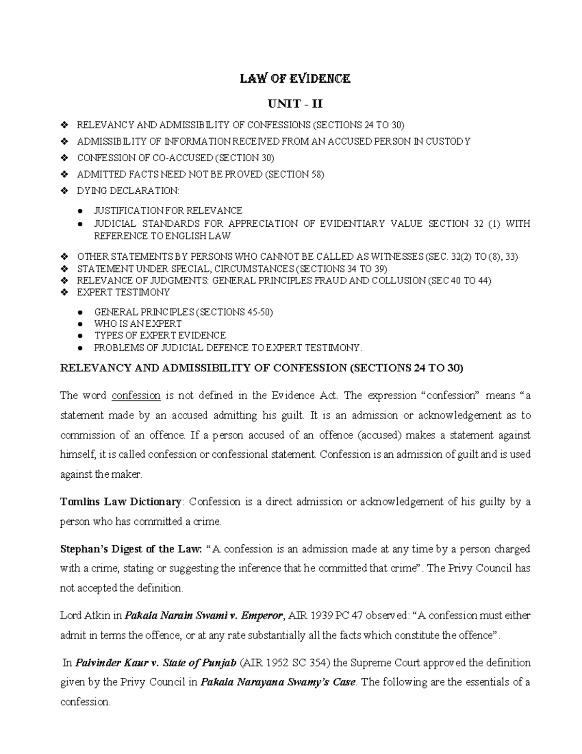 Law of Evidence - Unit 2 - Business management - LAW OF EVIDENCE UNIT ...