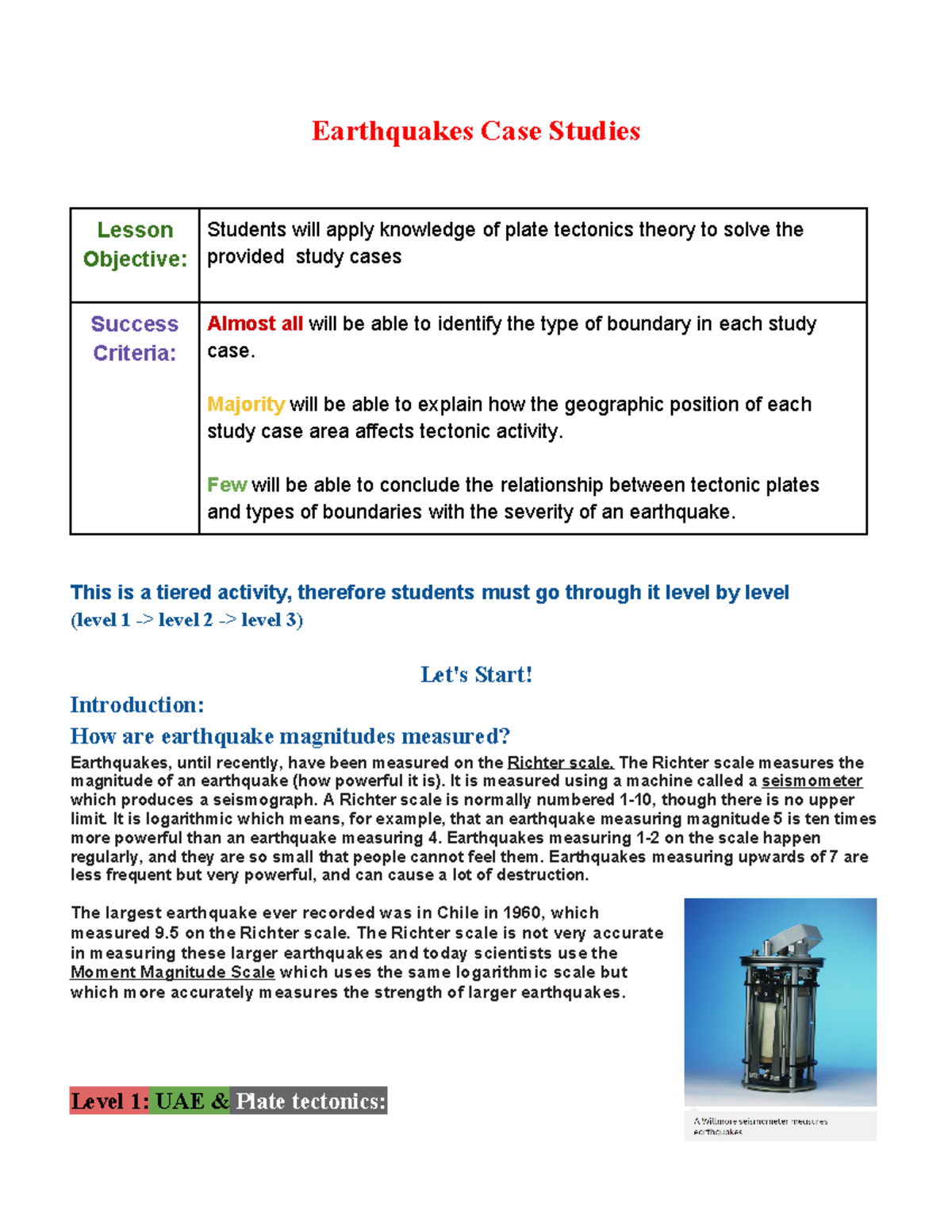 Earthquakes study case - Earthquakes Case Studies Lesson Objective ...