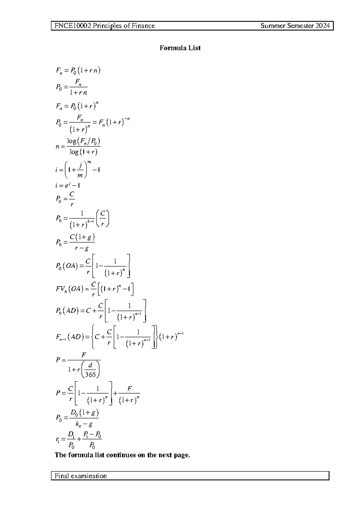 FNCE10002+Summer+2024+Formula+list - Formula List Fn = P 0 ( 1 +r n) 0 ...