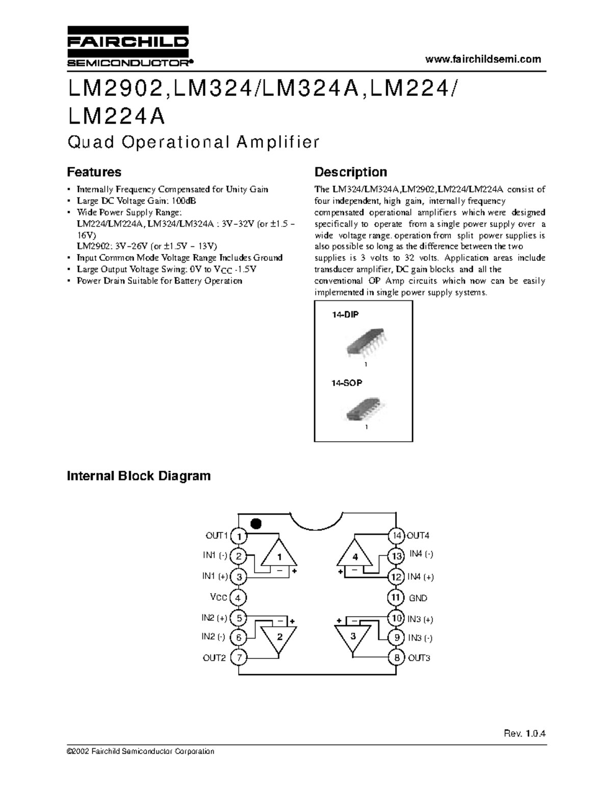LM 324 datasheet - ©2002 Fairchild Semiconductor Corporation fairchildsemi Rev. 1. Features ...