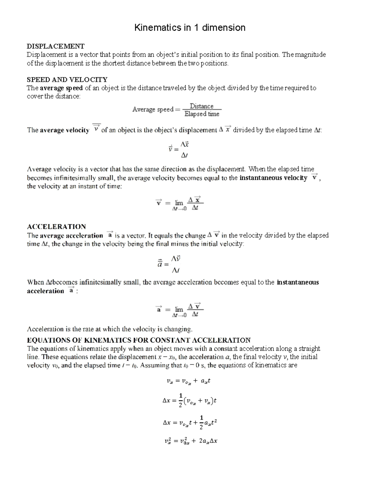 1. Kinematics in 1 dimension - Kinematics in 1 dimension DISPLACEMENT ...