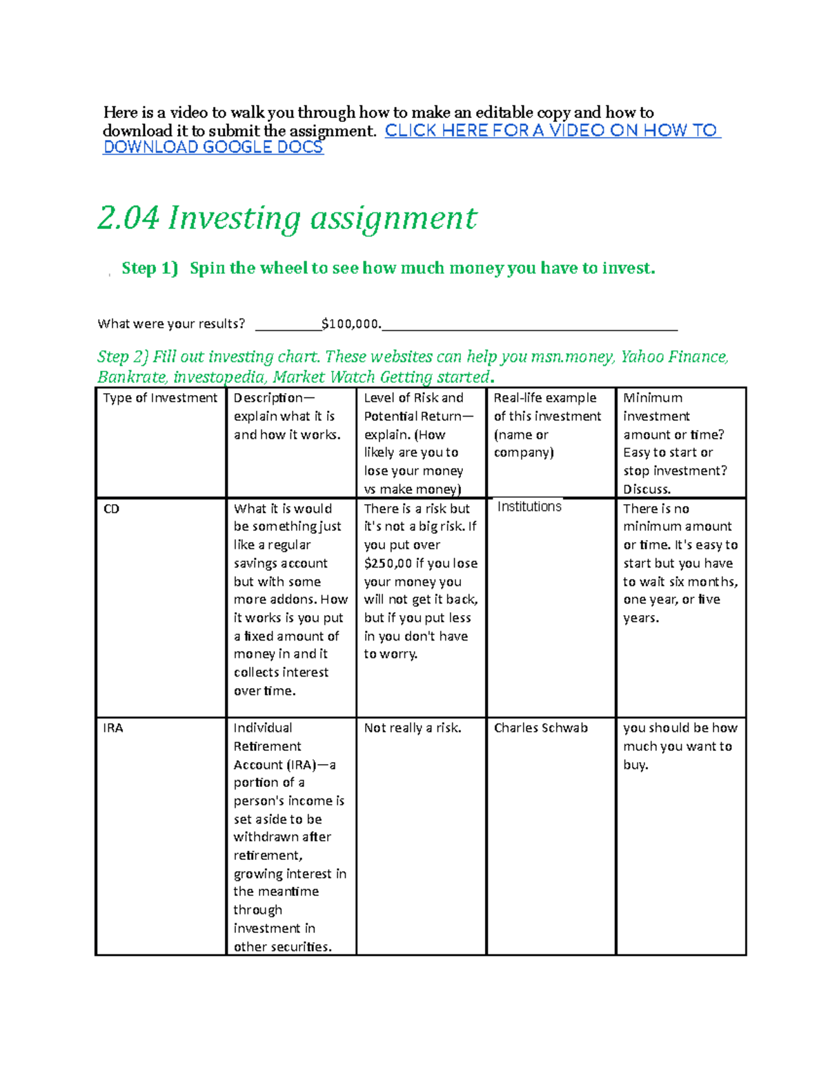 Investing Assignment - Here is a video to walk you through how to make ...