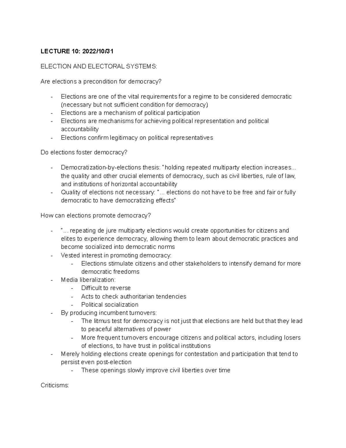 Poli 203, lecture 10 - LECTURE 10: 2022/10/ ELECTION AND ELECTORAL SYSTEMS: Are elections a ...