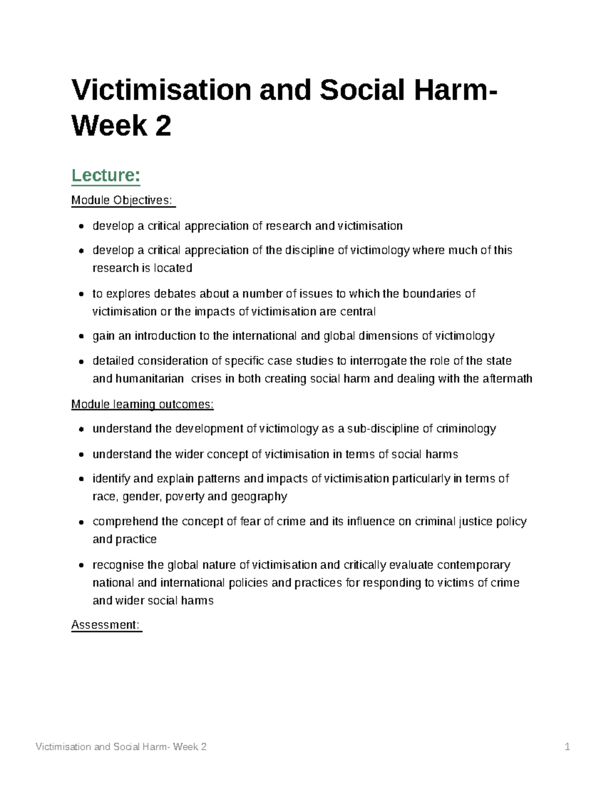 Victimisation and Social Harm- Week 2 - Victimisation and Social Harm ...