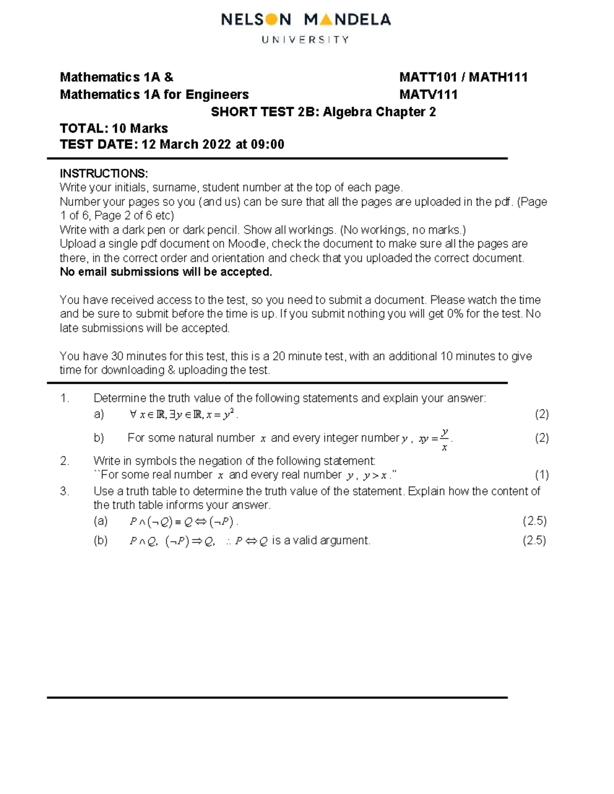 MATT101 - Logic (Short Test) - Mathematics 1A & MATT101 / MATH ...