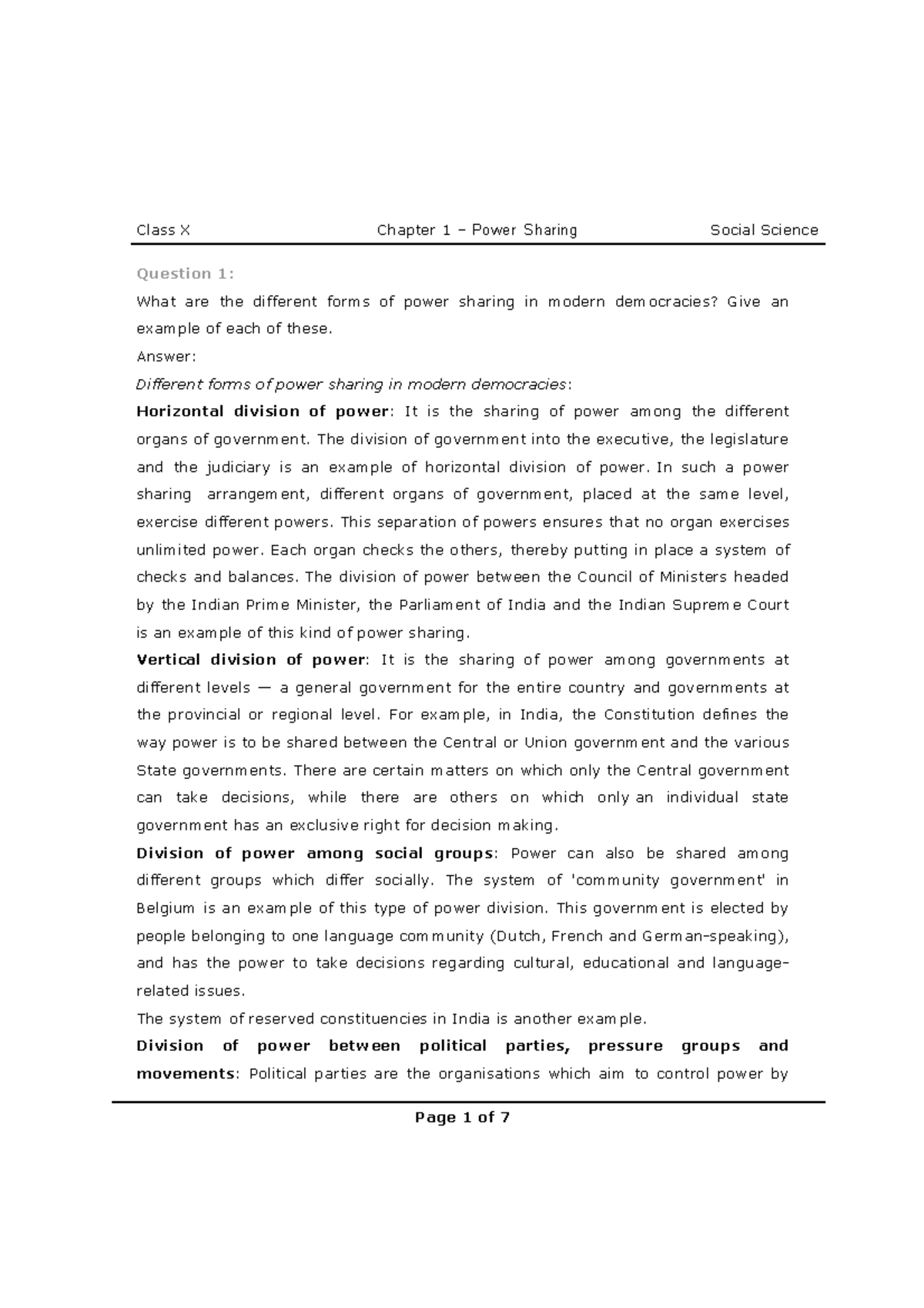 Chapter 1Power Sharing Question 1 What Are The Different Forms Of