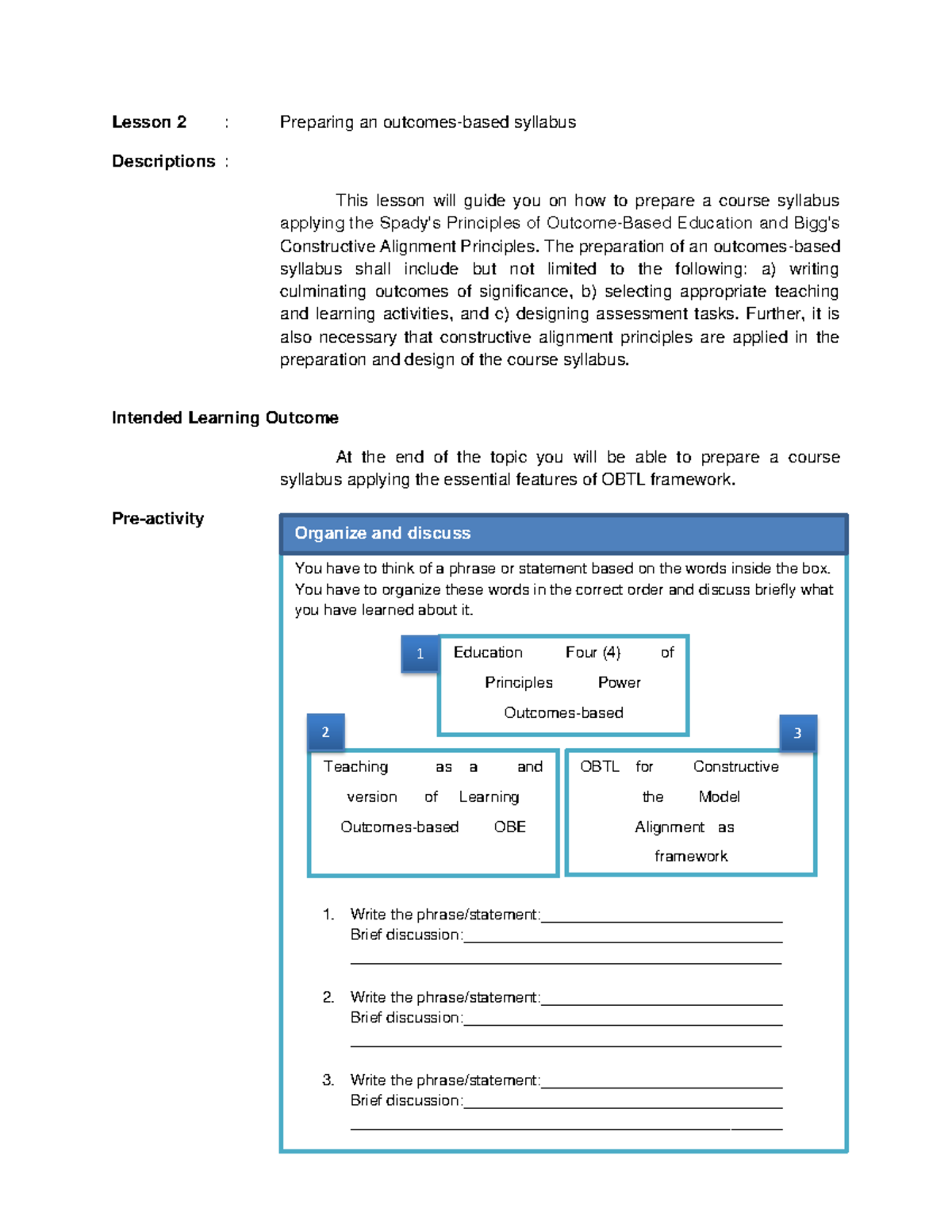 1 Lesson 2 Descriptions and pre-activity - Lesson 2 : Preparing an ...
