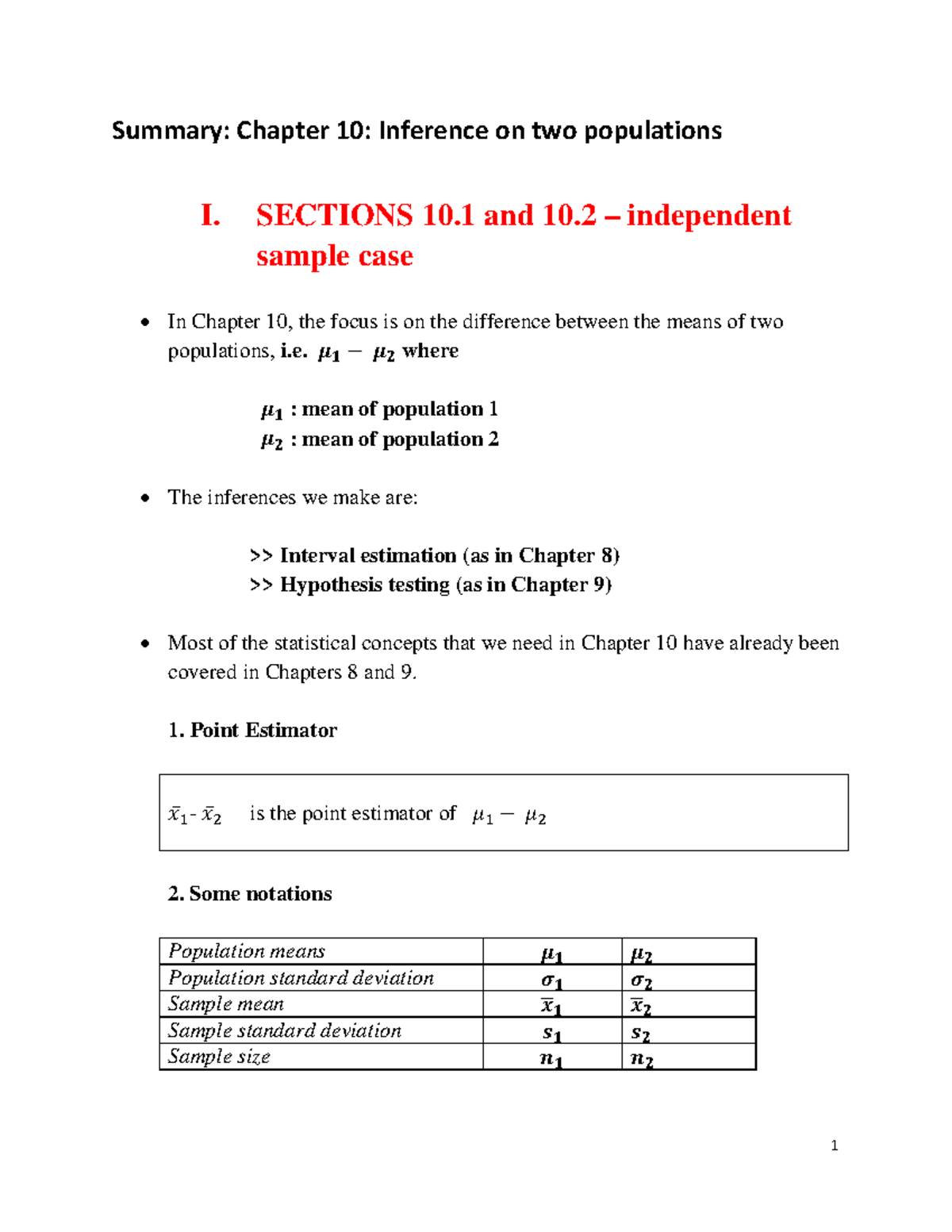 C10 Worksheet - Summary for Chapter 10 - Summary: Chapter 10: Inference ...