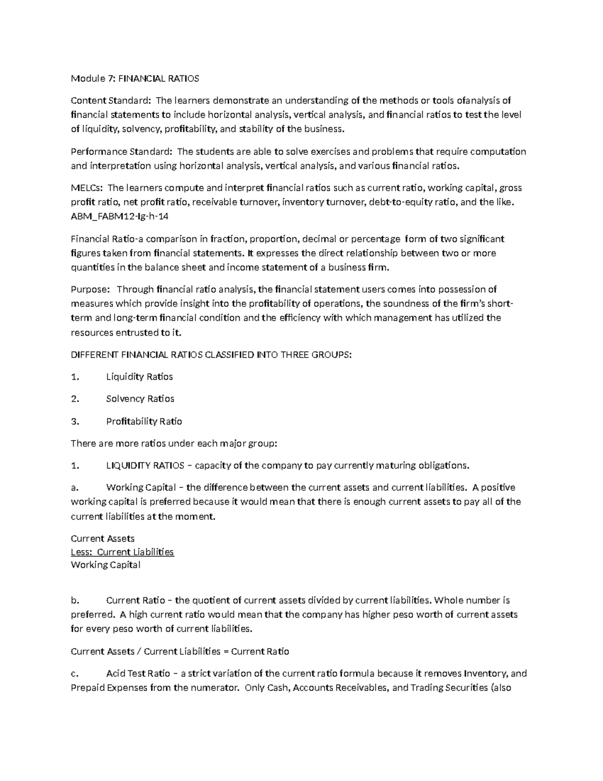 Financial Ratios students copy - Module 7: FINANCIAL RATIOS Content ...