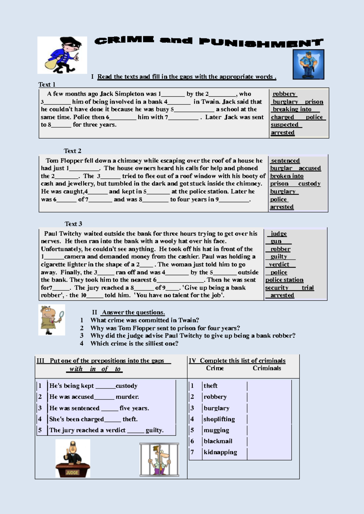 Crime and punishment worksheet - I Read the texts and fill in the gaps ...