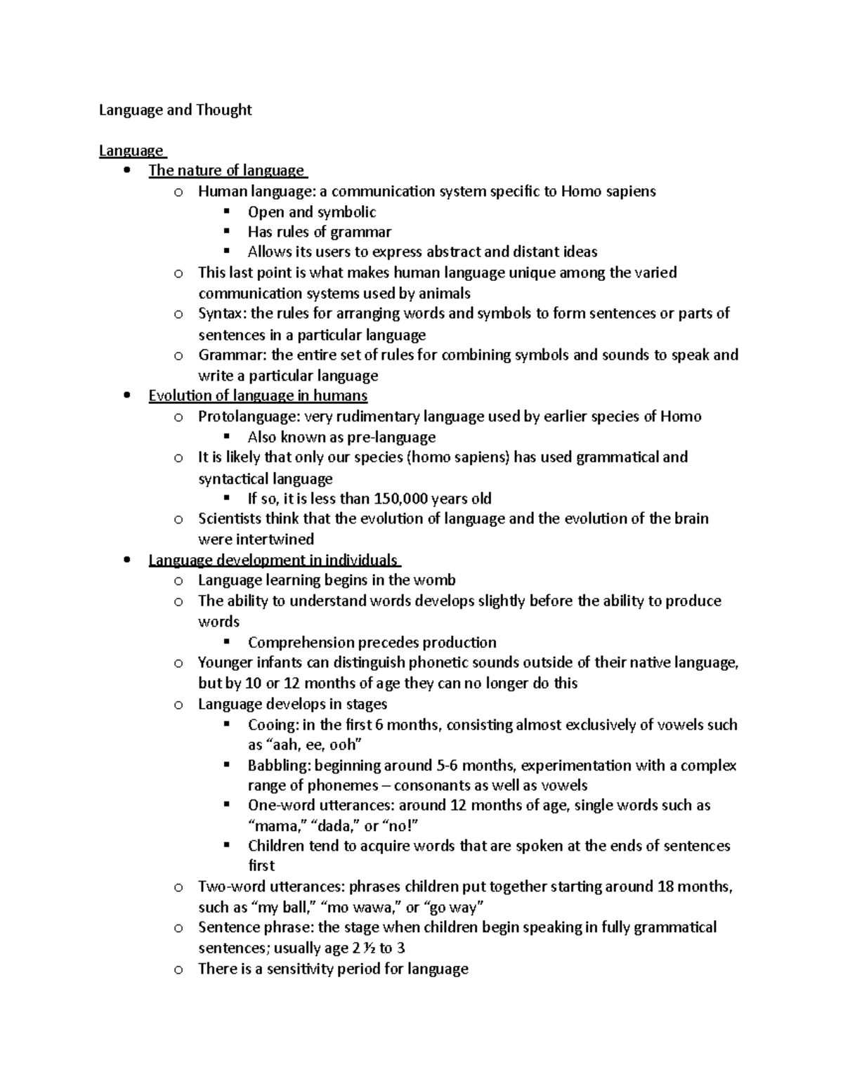 Language and Thought: Evolution Development and Acquisition - Studocu