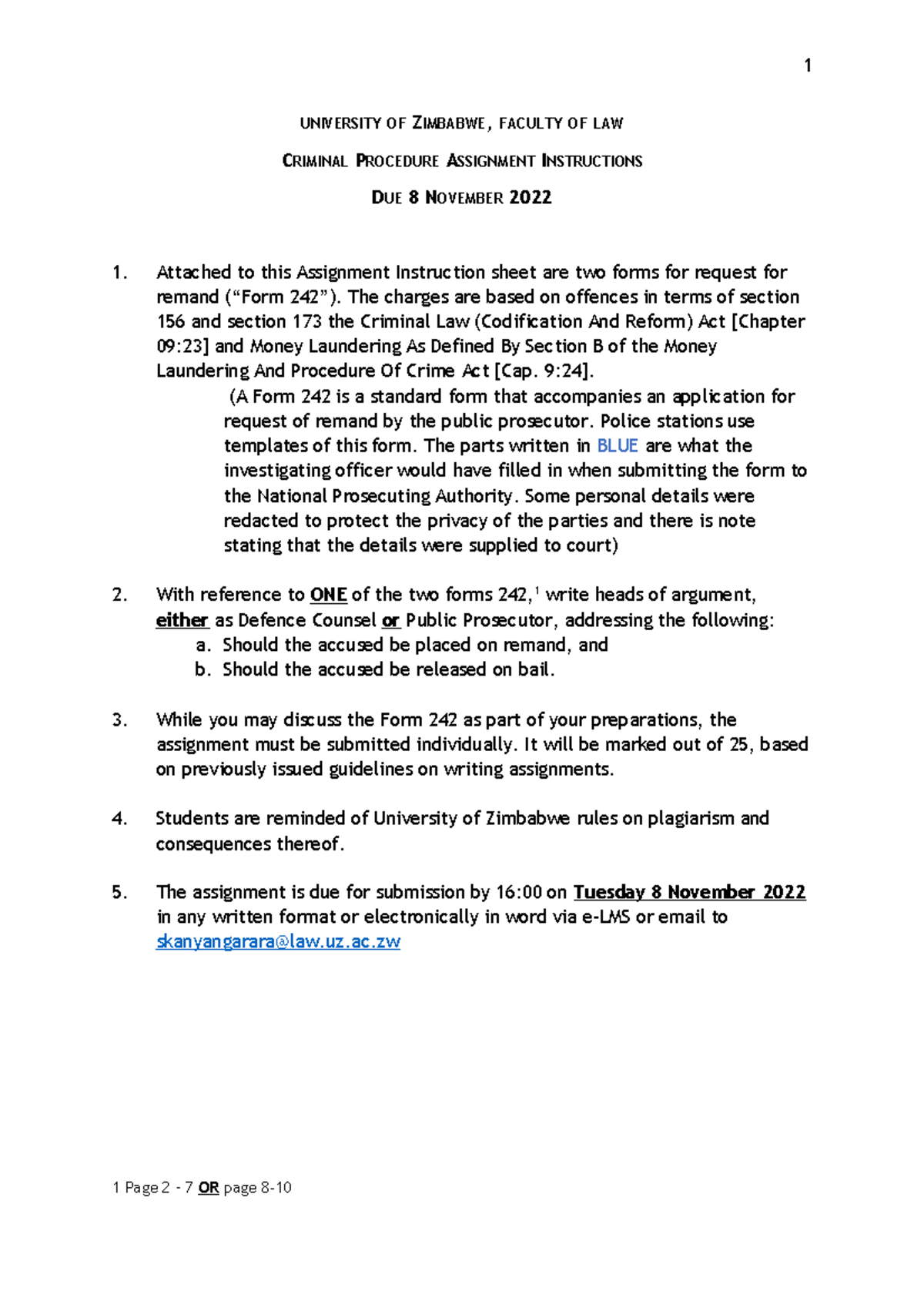 Criminal producre assignment 1 - UNIVERSITY OF ZIMBABWE, FACULTY OF LAW ...