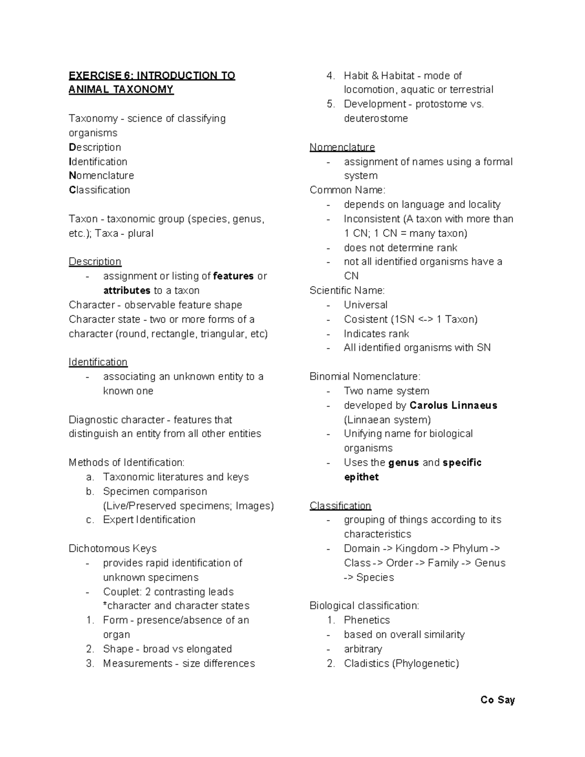 BIO-422L-Reviewer - EXERCISE 6: INTRODUCTION TO ANIMAL TAXONOMY ...