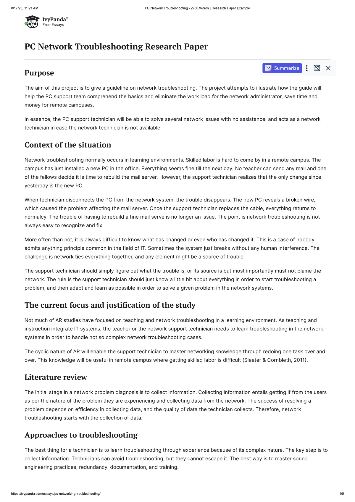 PC Network Troubleshooting - 2780 Words Research Paper Example - PC ...