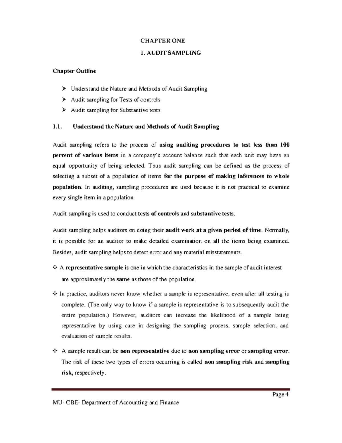 Chapter ONE - Auditing - CHAPTER ONE 1. AUDIT SAMPLING Chapter Outline Understand the Nature and ...