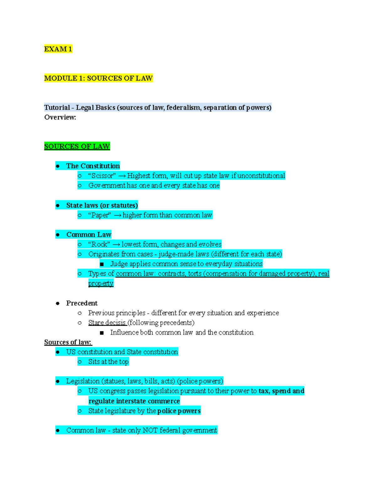 BLAW Exam 1 Study Notes - EXAM 1 MODULE 1: SOURCES OF LAW Tutorial ...