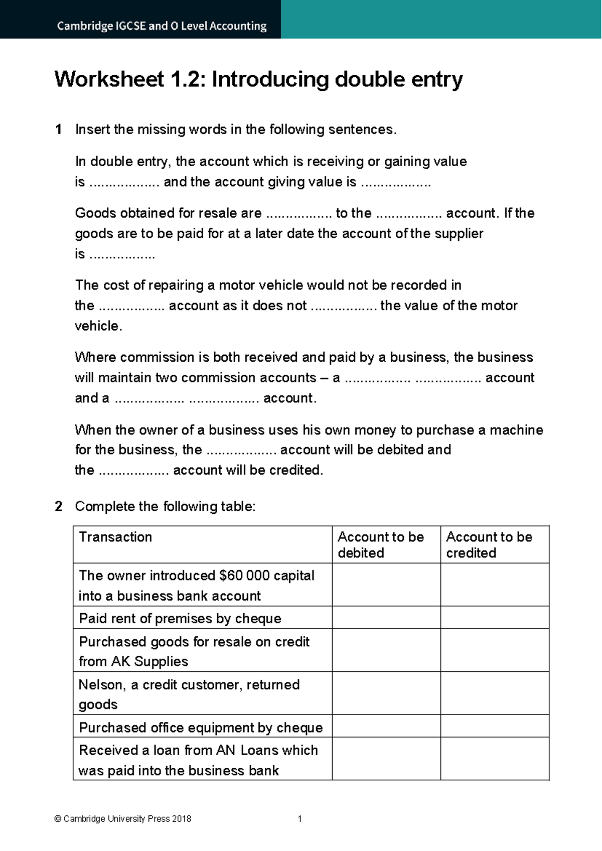 Worksheet 1.2 Introducing double entry - Worksheet 1: Introducing ...