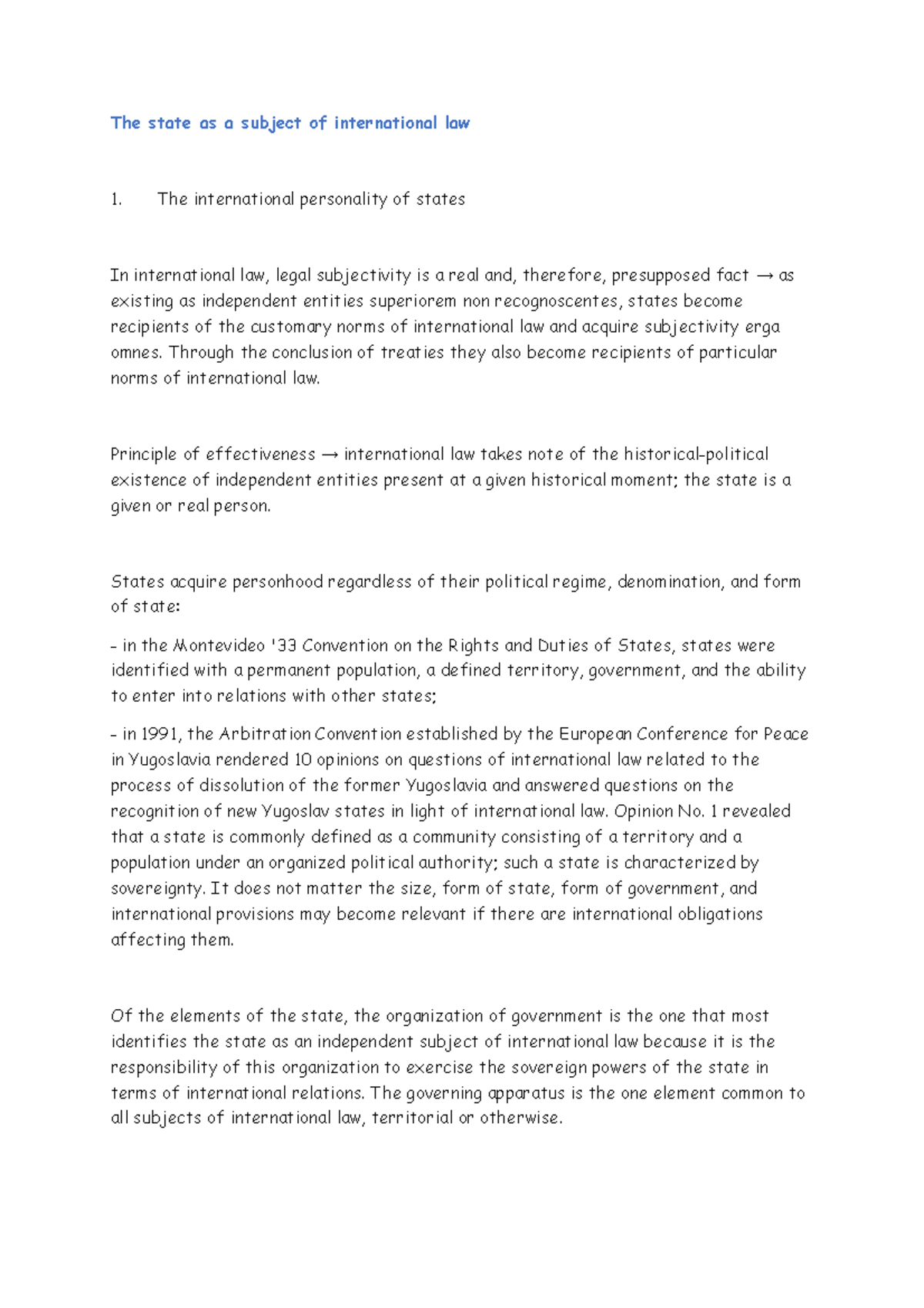 The state as 7 - Summaries international law University of Memphis ...