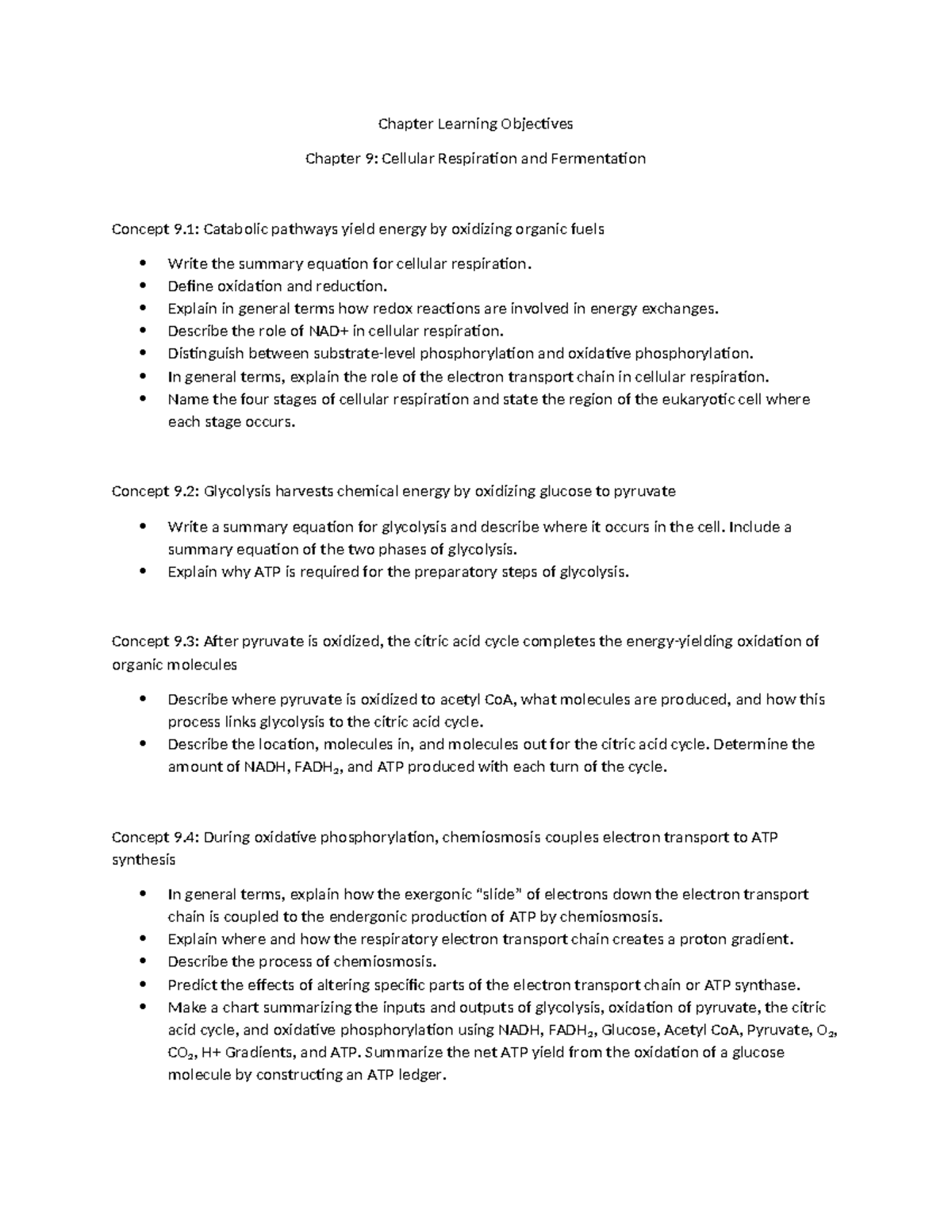 Chapter 9 Learning Objectives - Chapter Learning Objectives Chapter 9: Cellular Respiration and ...