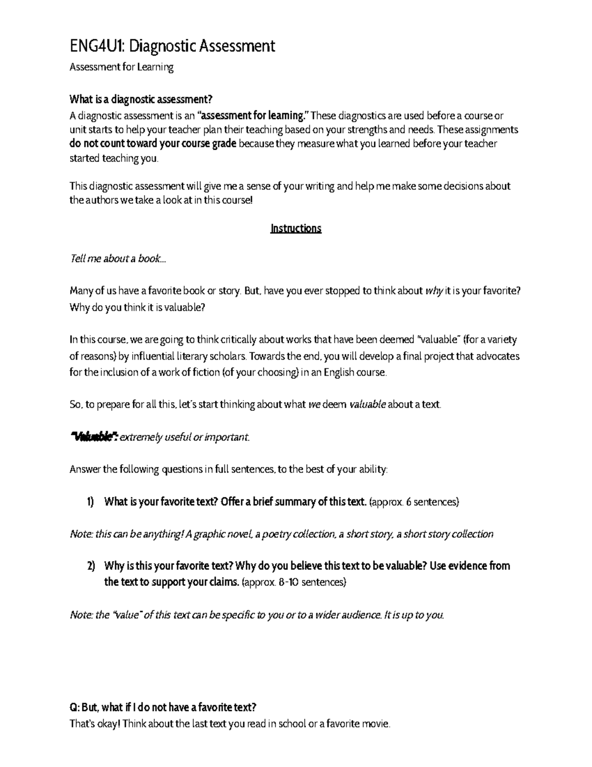 ENG4U1: Diagnostic Assessment - ENG4U1: Diagnostic Assessment ...