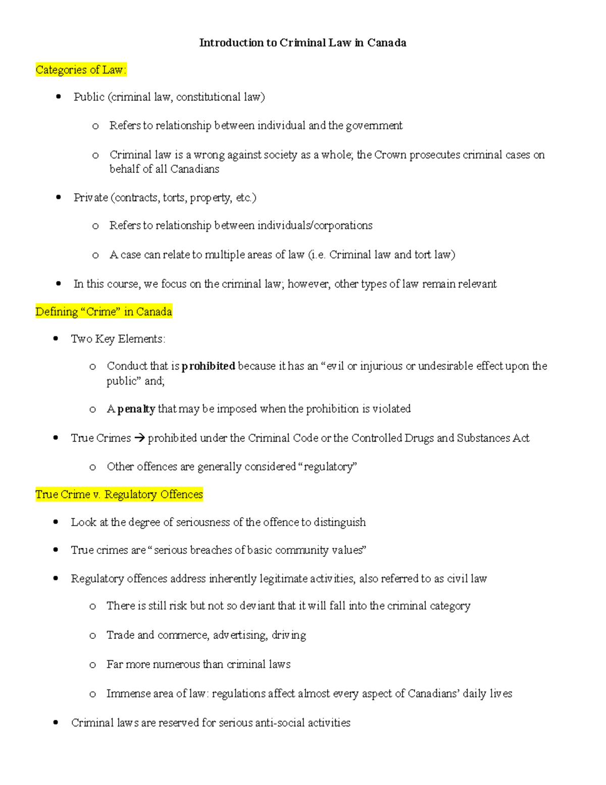 Module 1 - Intro to Criminal Law in Canada - Categories of Law: Public ...