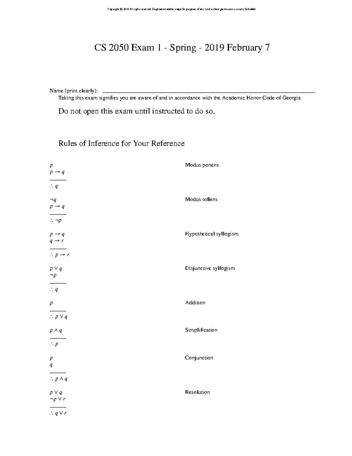 Practice Exam 1 - CS 2050 Exam 1 - Spring - 2019 February 7 Name (print clearly): Taking this ...