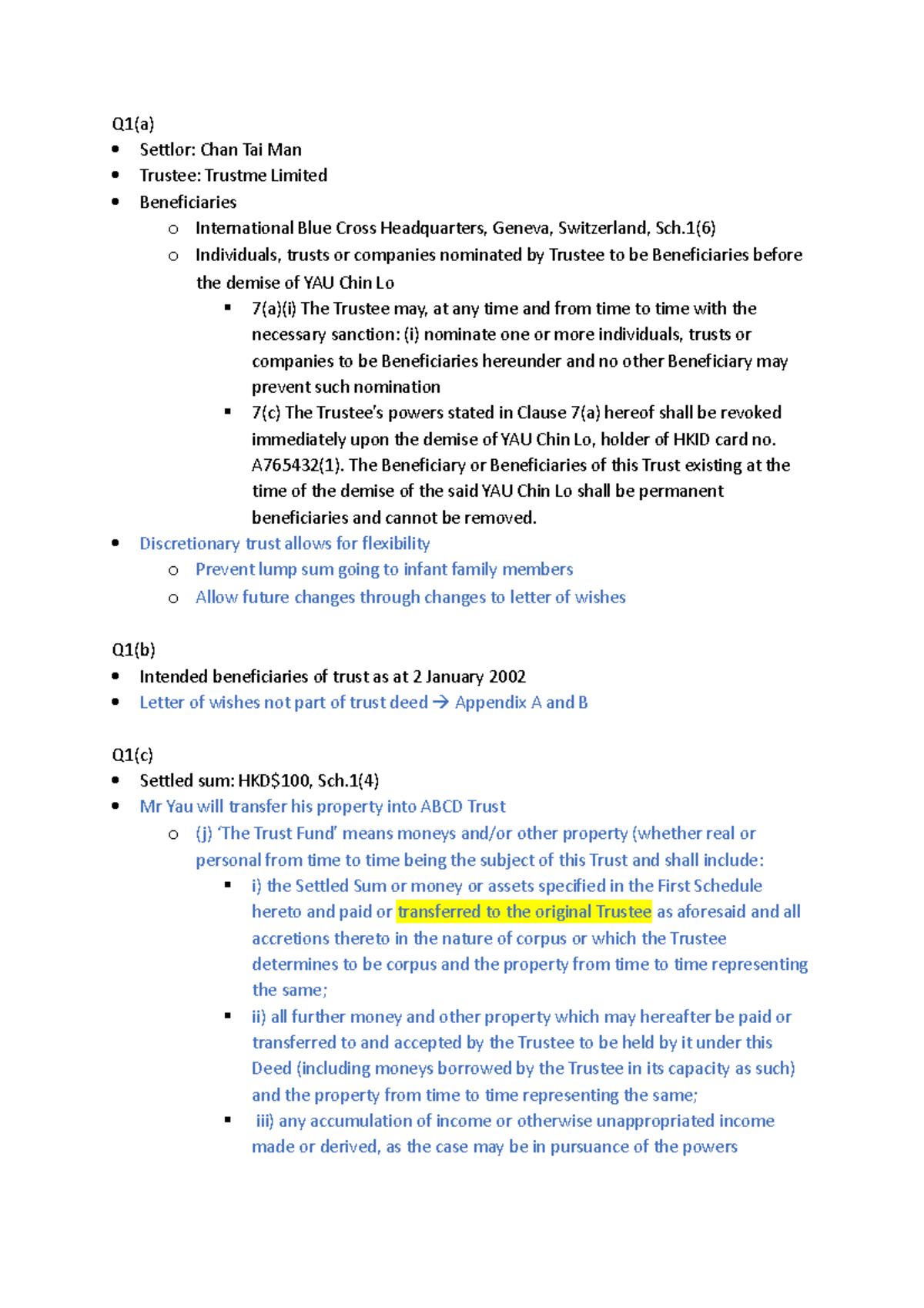 Equity 1 Tutorial 1 - Q1(a) Settlor: Chan Tai Man Trustee: Trustme ...