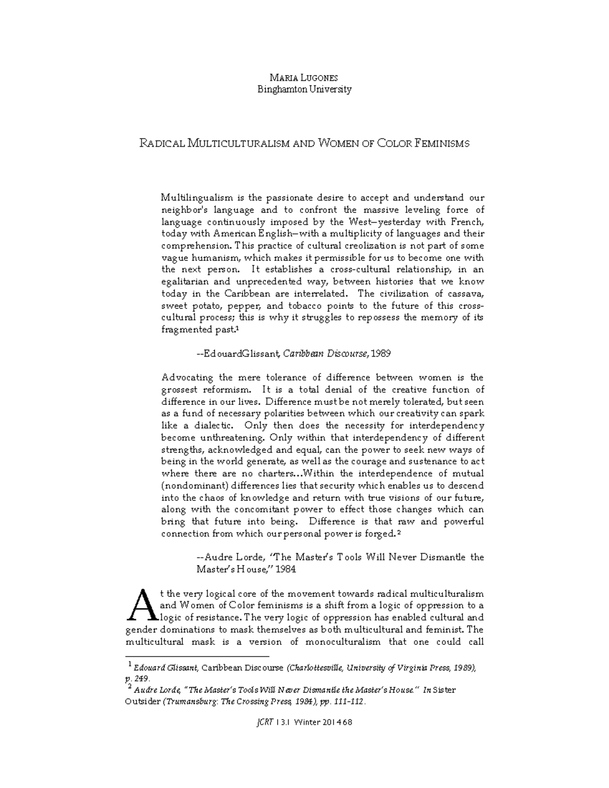 Maria Lugones - JCRT 13 Winter 2014 68 MARIA LUGONES Binghamton ...