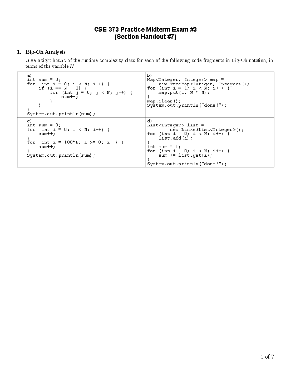 Midterm-practice-3 - lecture - CSE 373 Practice Midterm Exam (Section Handout #7) 1. Big-Oh ...