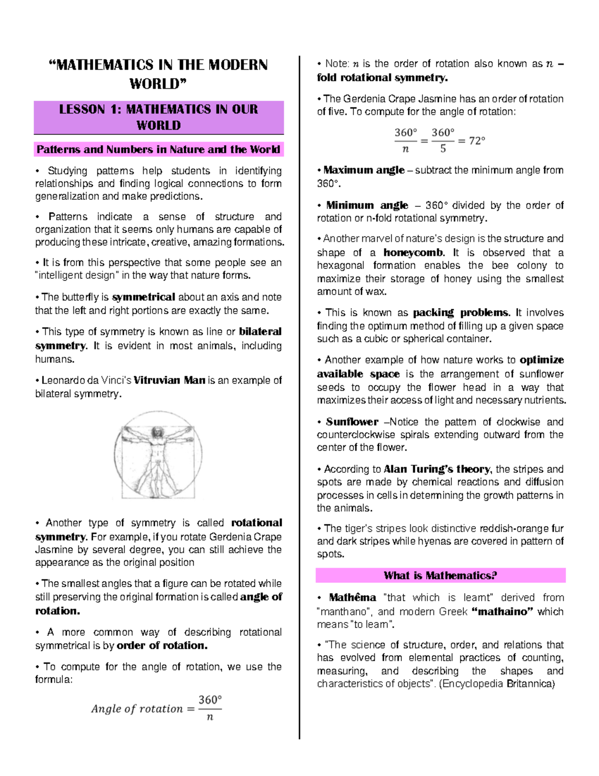MMW- Prelims - Patterns and Numbers in Nature and the World, Characteristics of Mathematics ...
