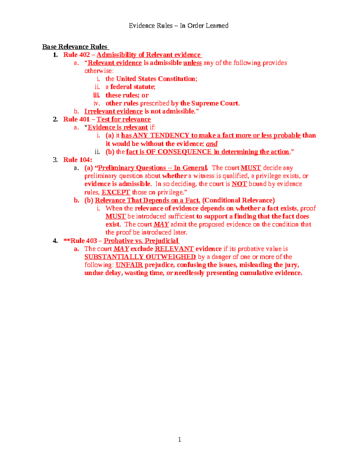 Evidence - Rules Only Outline sample - Base Relevance Rules 1. Rule 402 ...