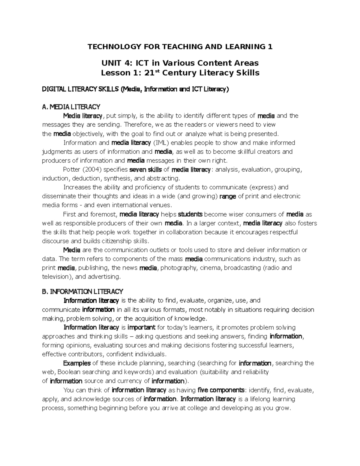 ED 207 TTL 1 UNIT 4 - Study - TECHNOLOGY FOR TEACHING AND LEARNING 1 UNIT 4: ICT in Various ...