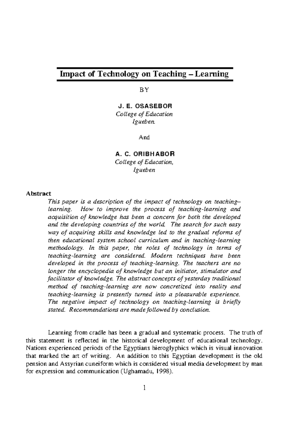 Impact of Technology on Teaching – Learning - Impact of Technology on ...