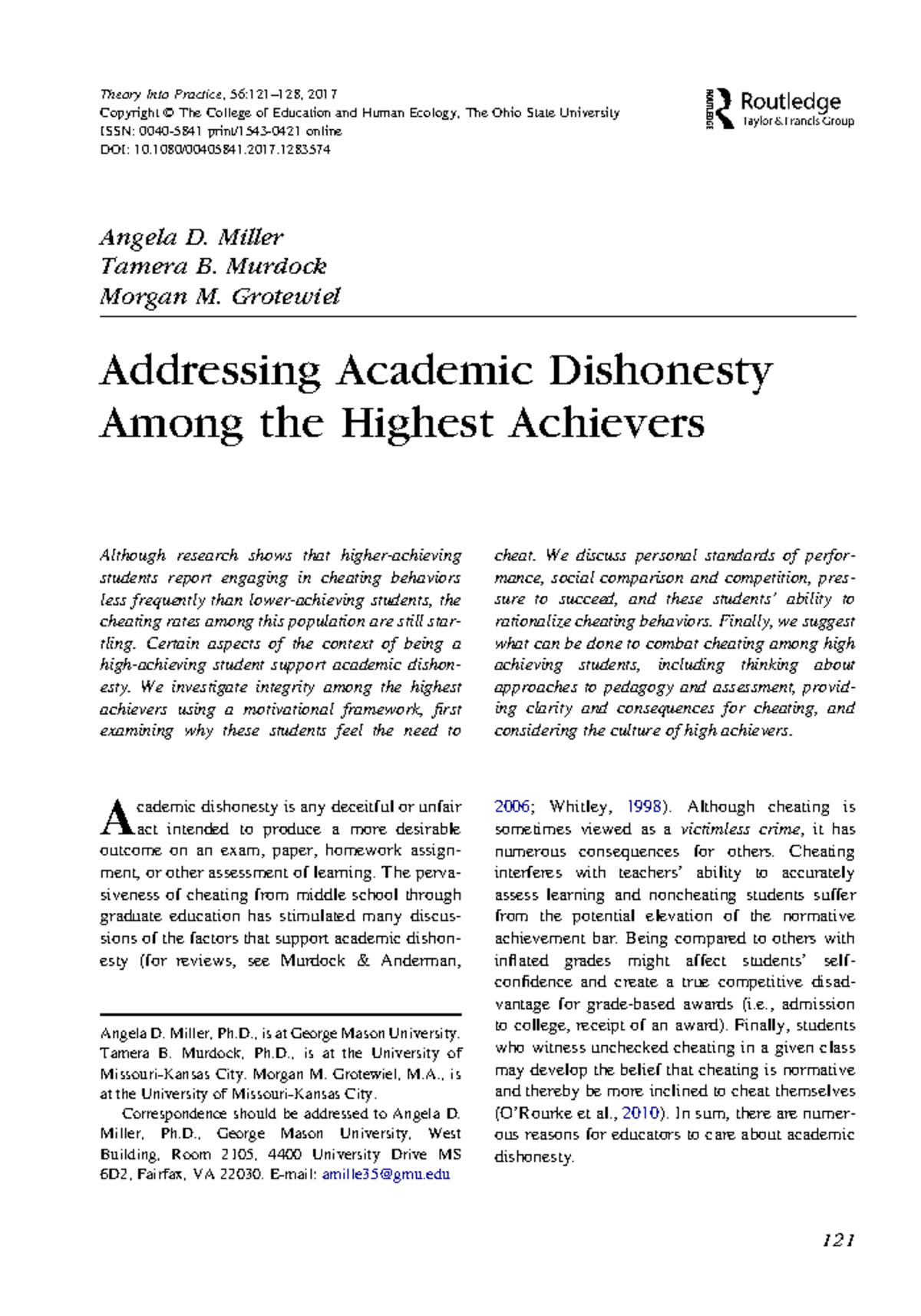 Academic Dishonesty Article - Angela D. Miller Tamera B. Murdock Morgan ...