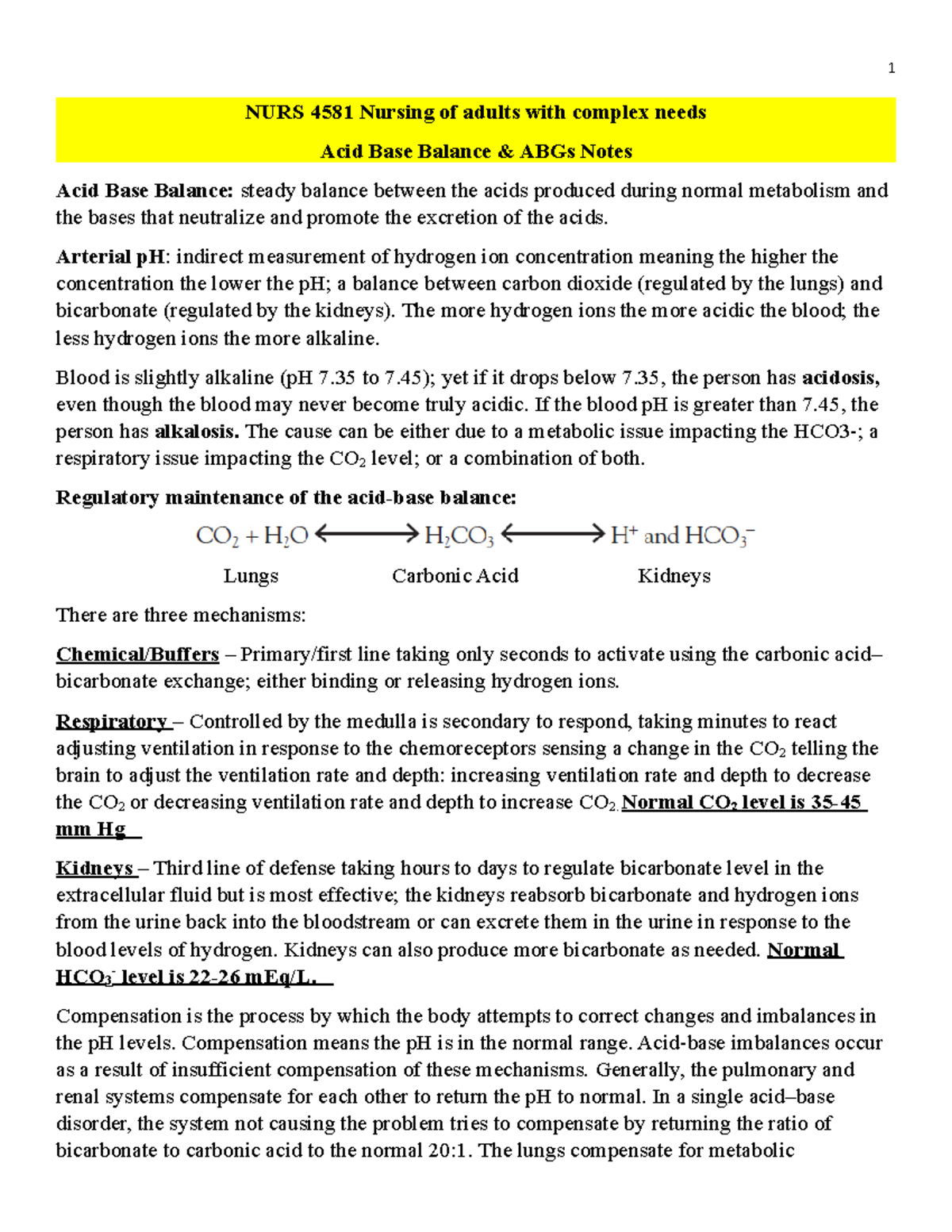 Acid Base Imbalances Notes - NURS 4581 Nursing of adults with complex ...