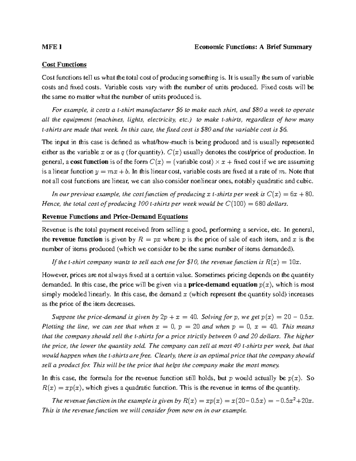 Economic Functions - It is usually the sum of variable costs and fixed ...