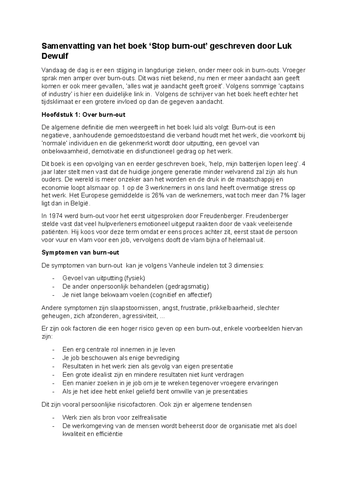 Samenvatting boek BURN-OUT Luc Dewulf - Samenvatting van het boek ‘Stop ...