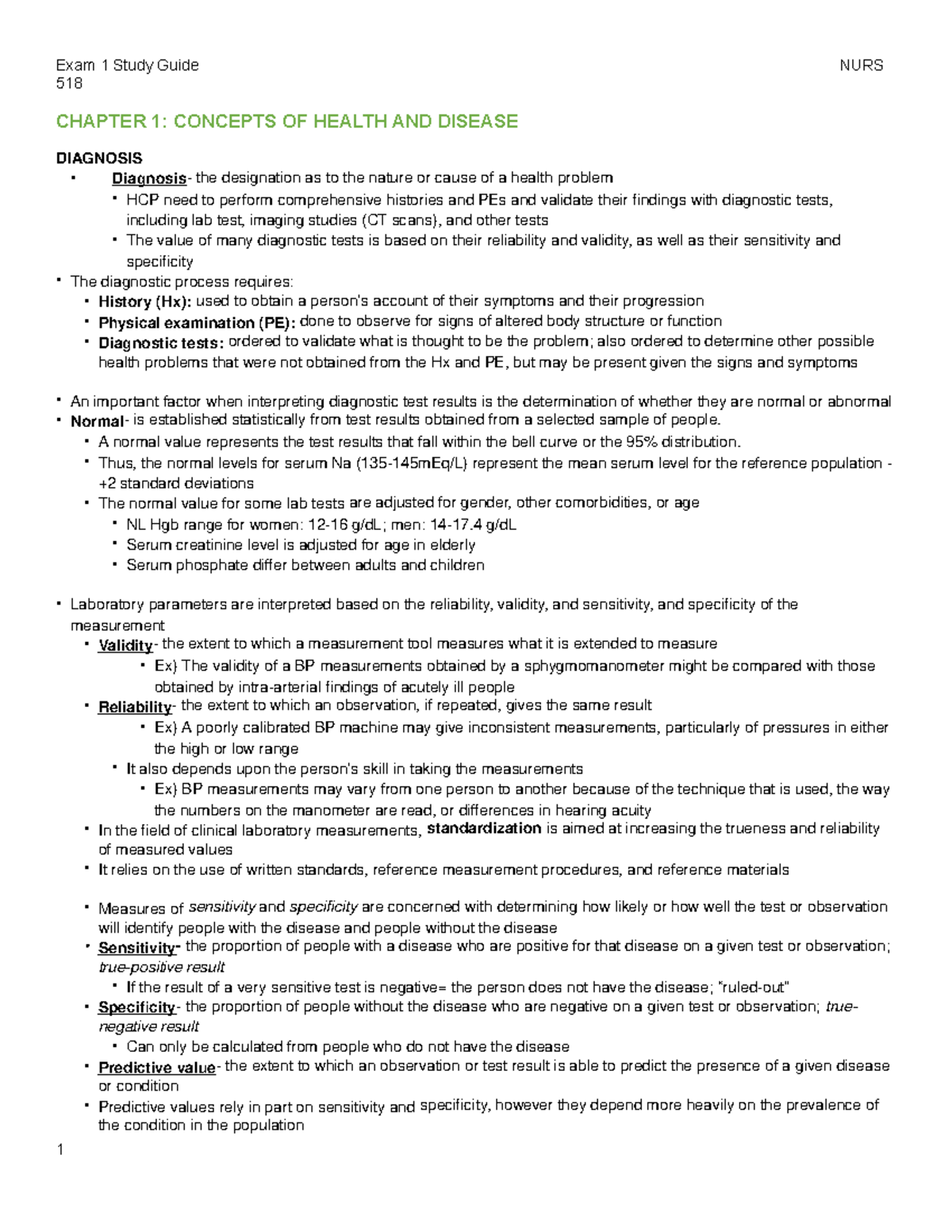 N518 Exam 1 Study Guide - 518 CHAPTER 1: CONCEPTS OF HEALTH AND DISEASE ...