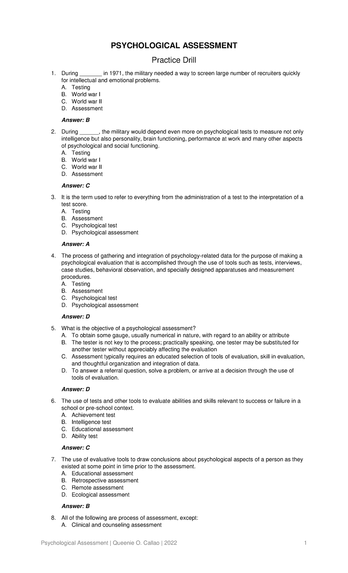 Practice test - Psychological Assessment - PSYCHOLOGICAL ASSESSMENT ...