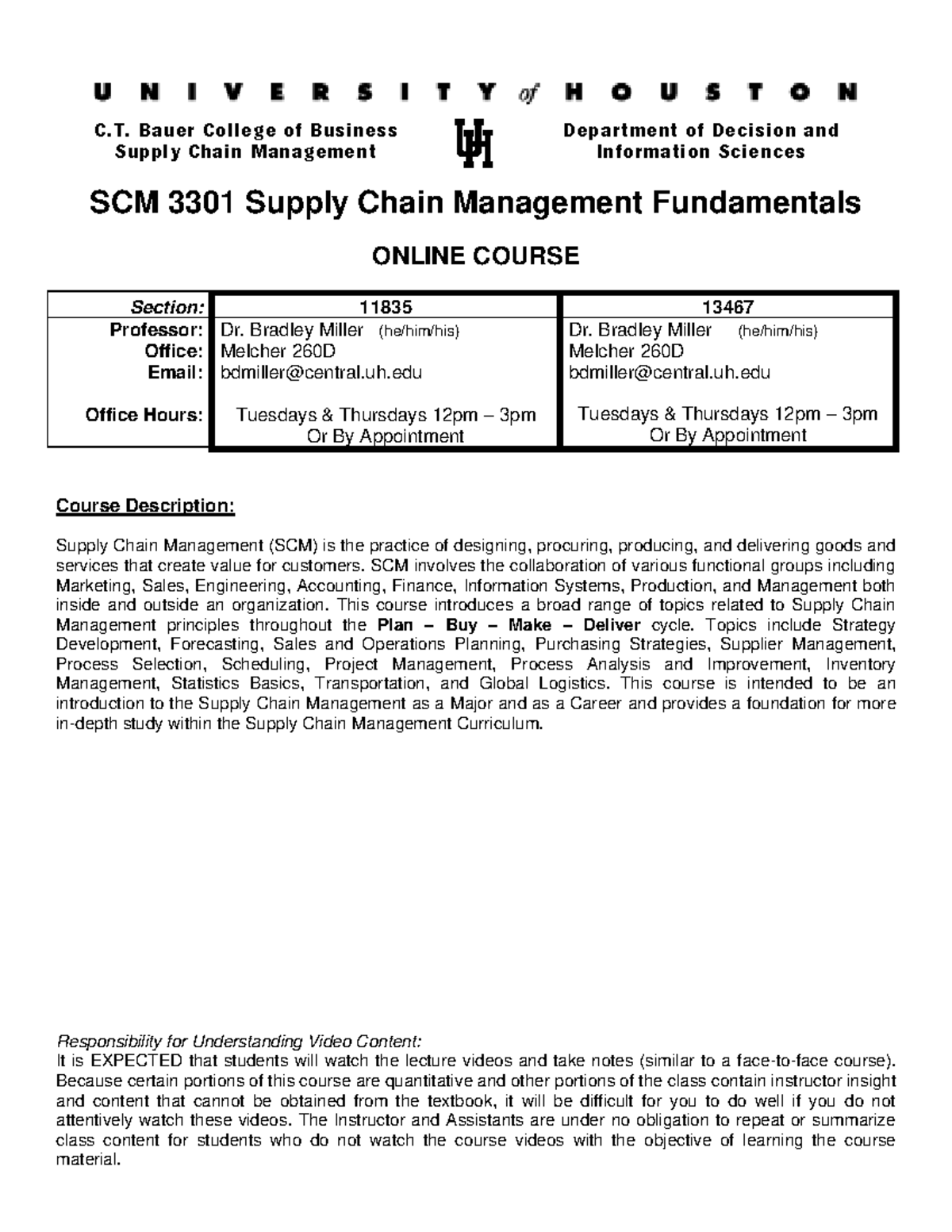 Spring 2023 SCM 3301 Online Syllabus - C. T. Baue r Co ll e ge o f Busi ne ss D e par tme nt o f ...