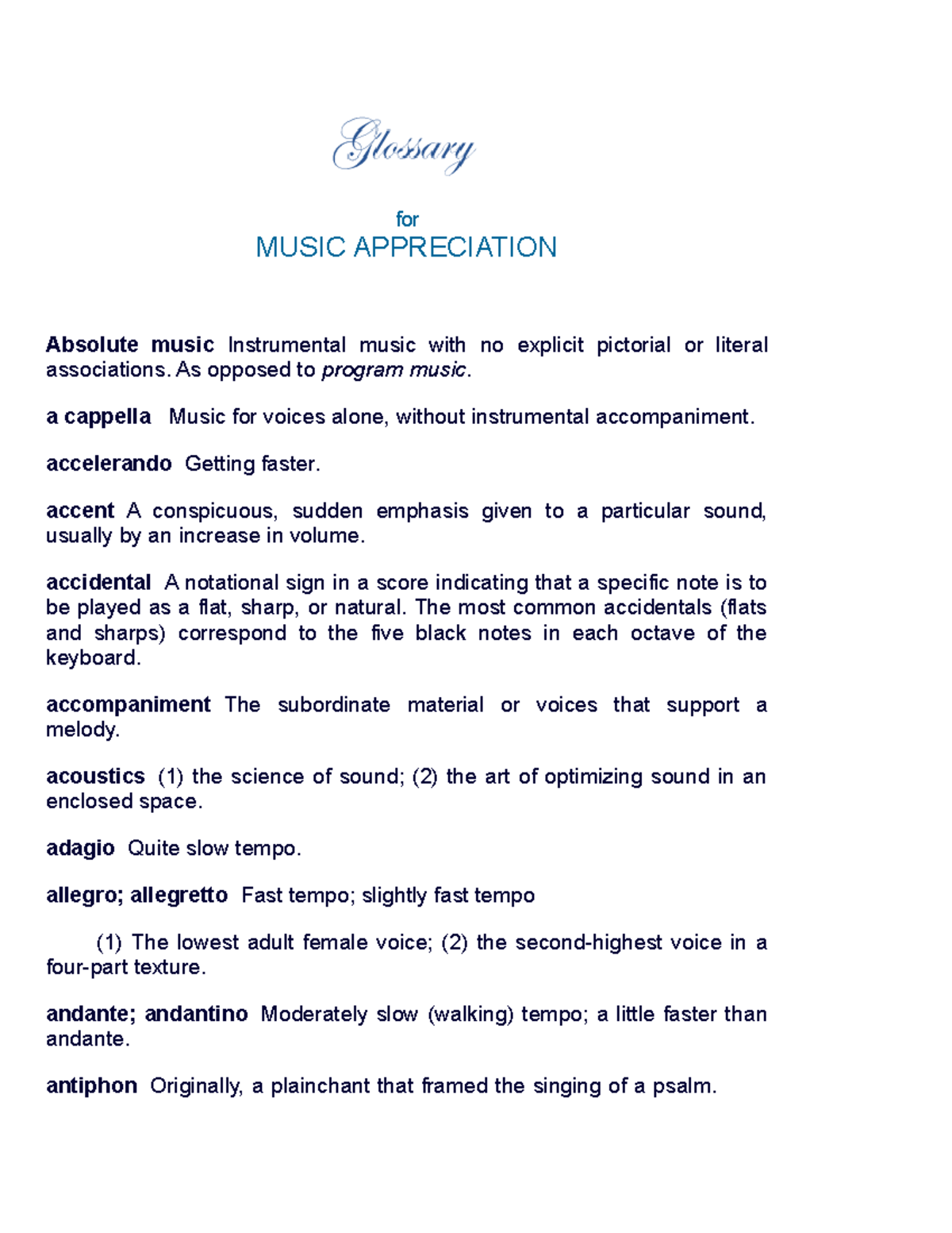 Music Appreciation Glossary - for MUSIC APPRECIATION Absolute music ...