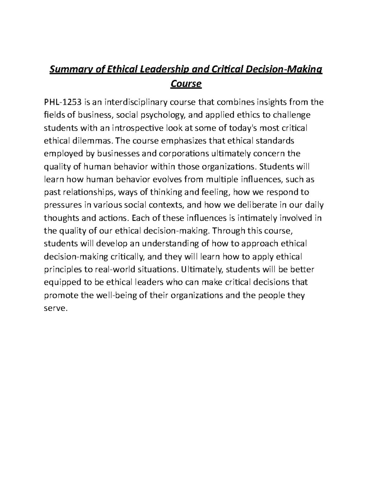 Ethical Leadership and Critical Decision Making - Summary of Ethical ...