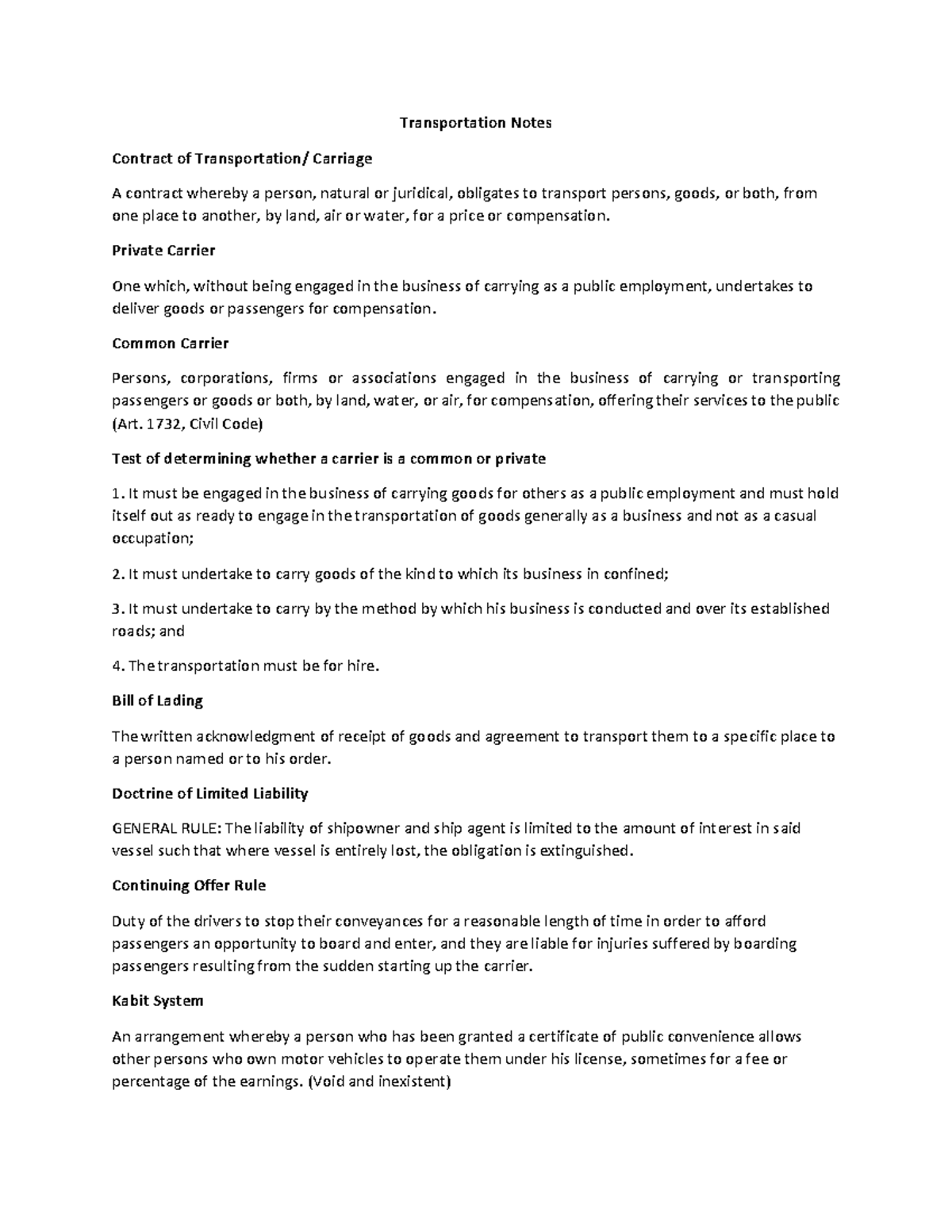 Transportation Law -Notes - Transportation Notes Contract of ...