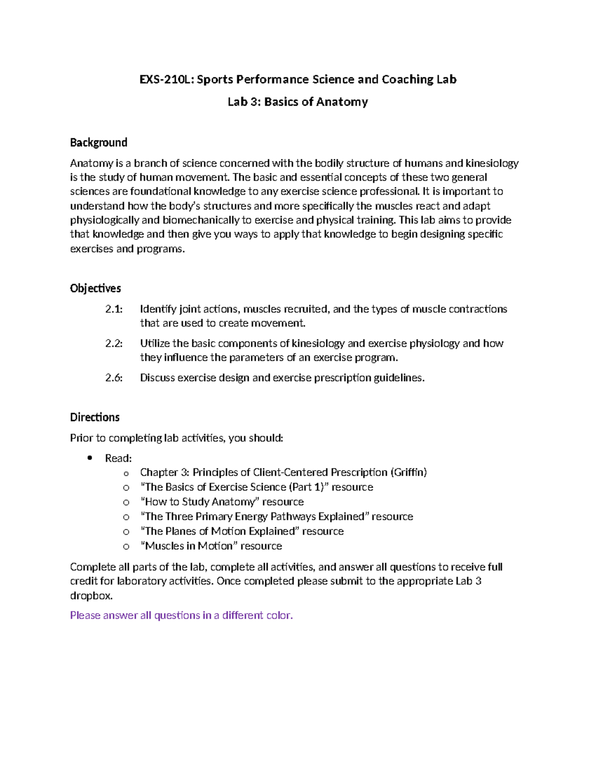 EXS-210L - Lab 3 - Basics of Anatomy - EXS-210L: Sports Performance ...