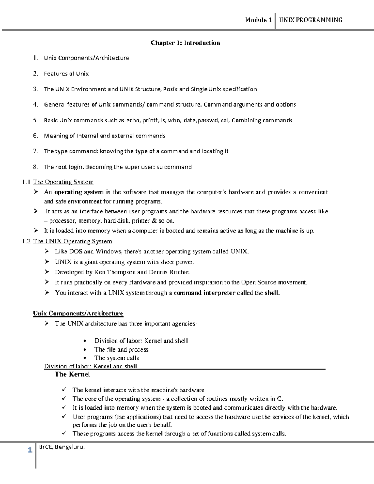 Unix module 01 - Chapter 1: Introduction 1. Unix Components/Architecture 2. Features of Unix 3 ...