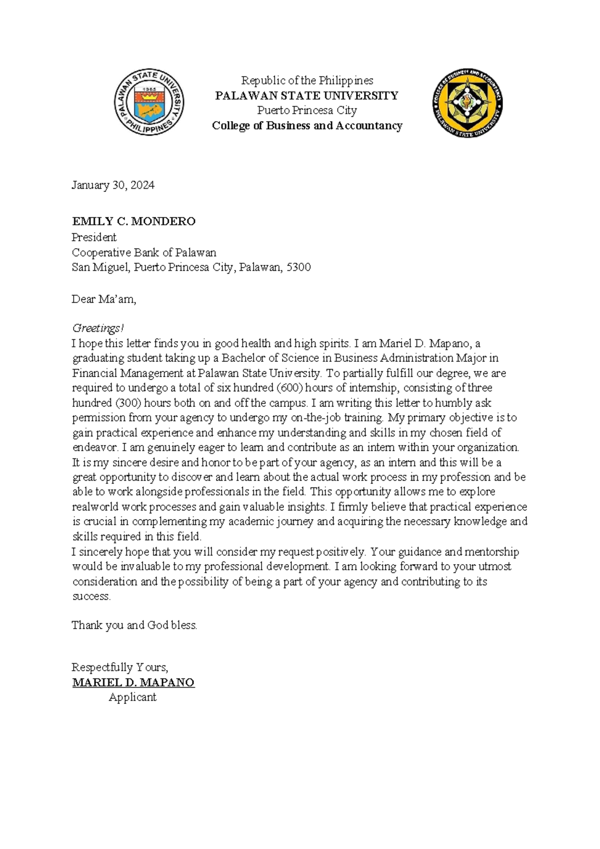 App letter - PALAWAN STATE UNIVERSITY Puerto Princesa City College of ...