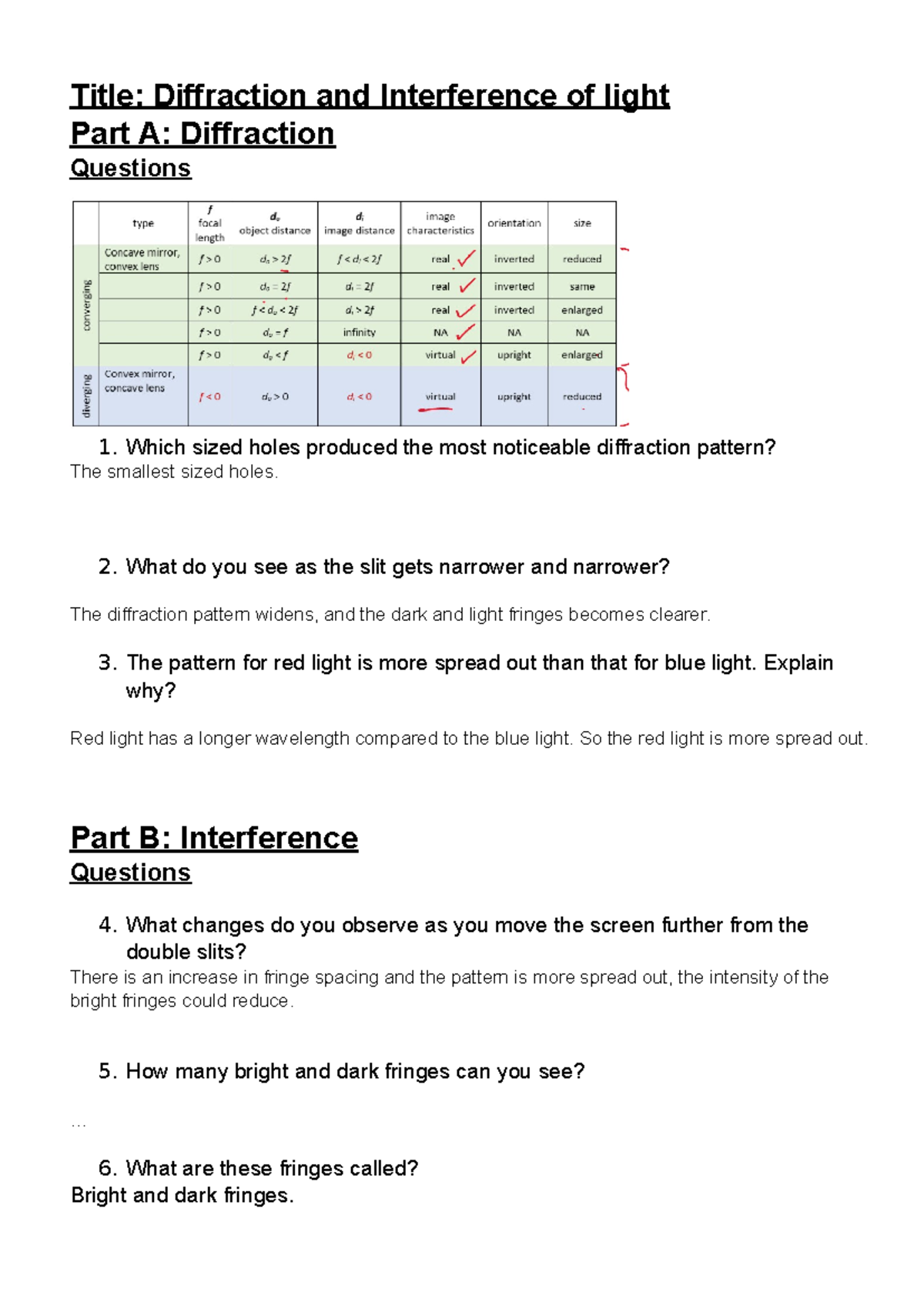 Diffraction and Interference of light - Which sized holes produced the most noticeable ...