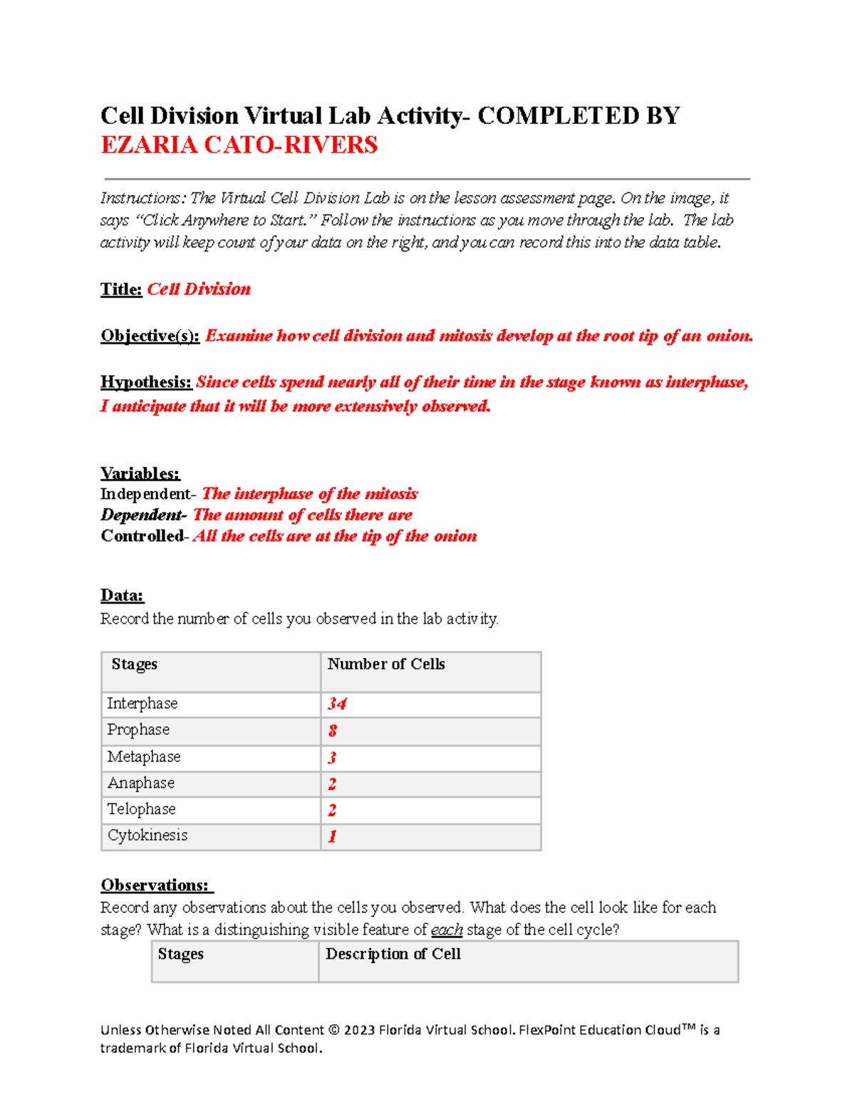 mod 3 lesson 1 cell division Lab Report - Cell Division Virtual Lab Activity- COMPLETED BY ...