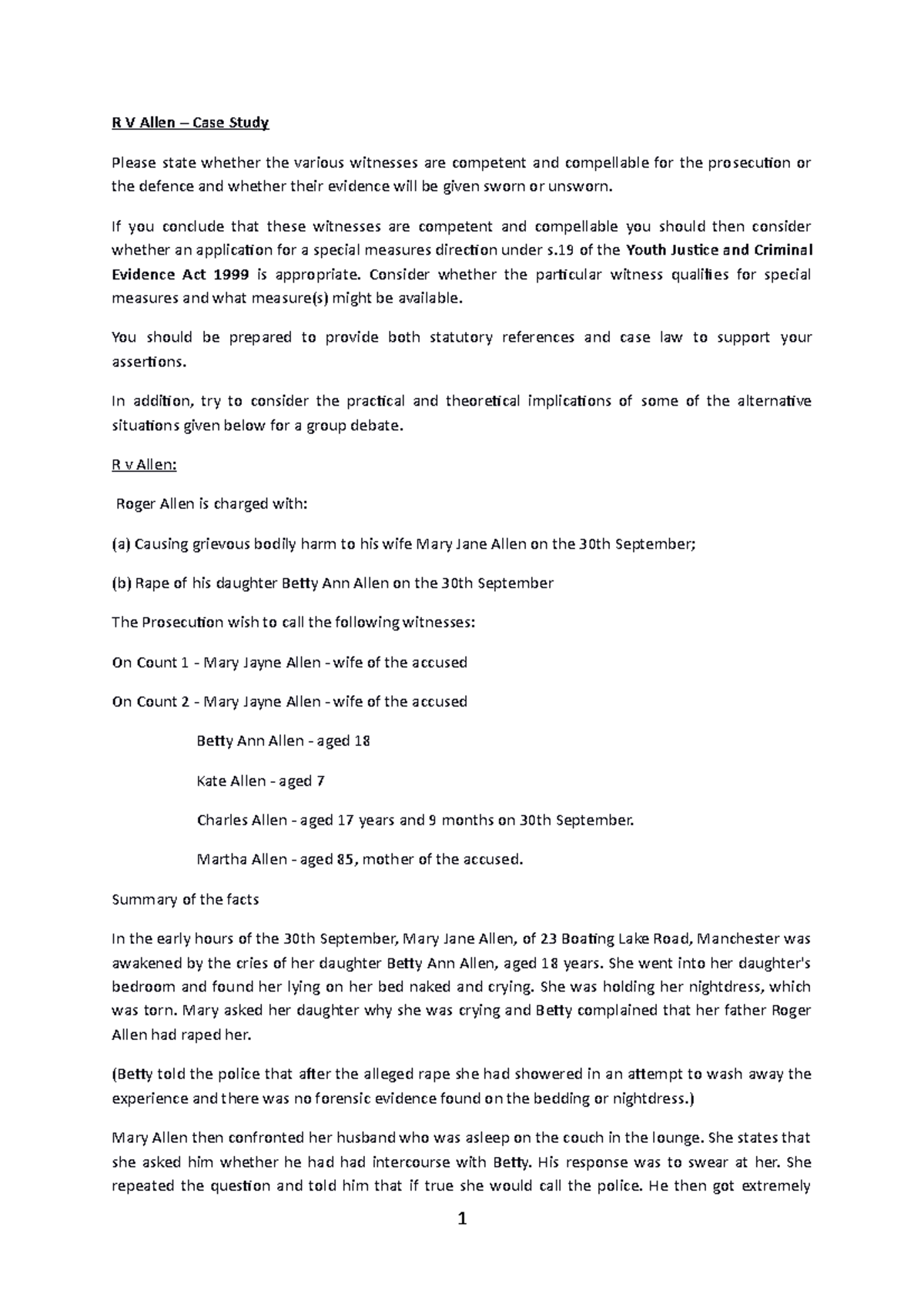 R v Allen Case Study - Points to Note - R V Allen – Case Study Please ...
