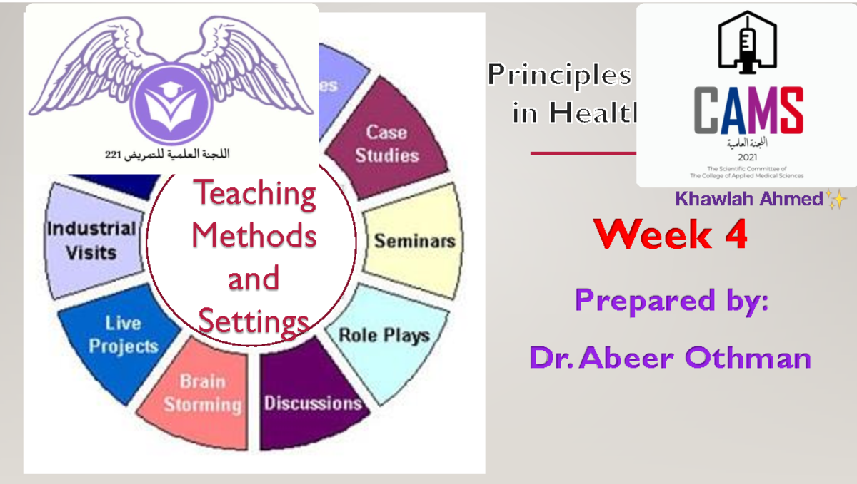 Week ٥ - Aaa - Week 4 Prepared by: Dr. Abeer Othman Teaching Methods and Settings Khawlah Ahmed ...